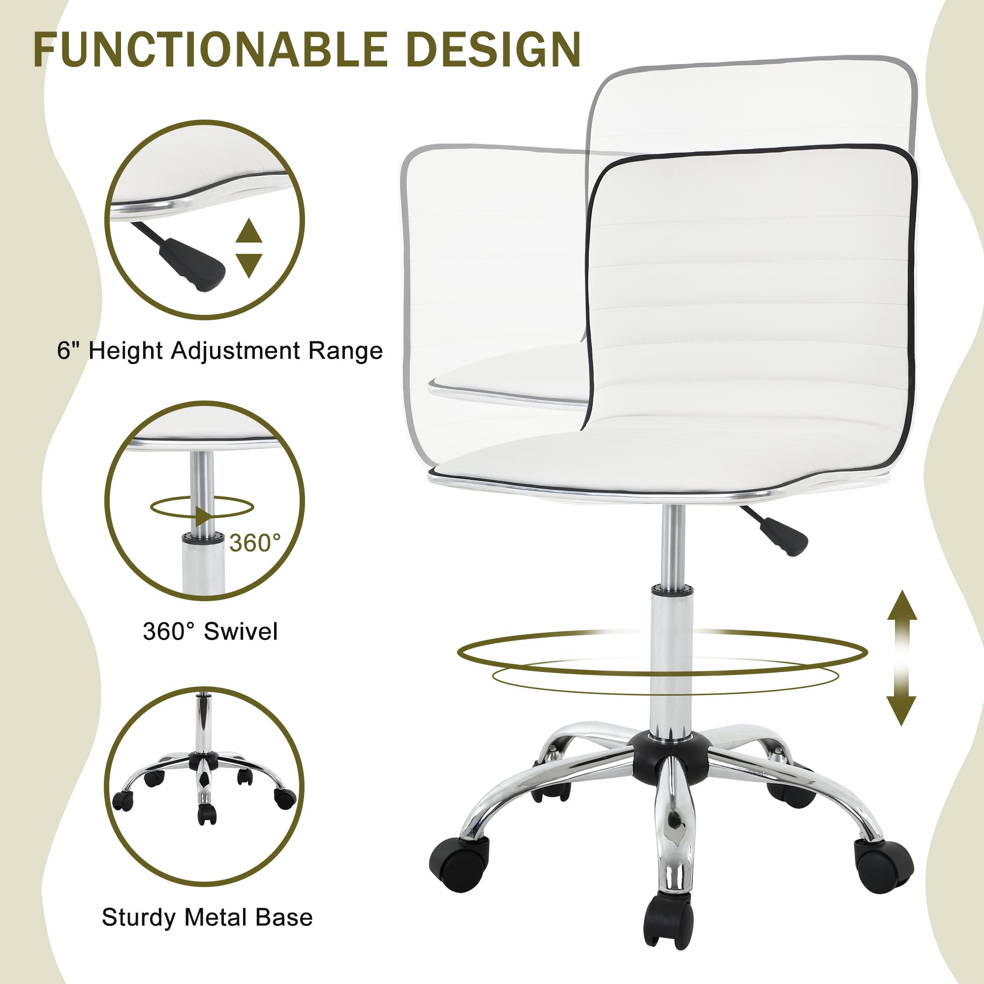 Home Office Desk Chair Height Adjustable PU Leather Vanity Makeup Chair 360° Swivel Rolling Computer Chair Modern Executive Low Back Task Chair with Armrest & Wheel for Office Makeup Room, Grey