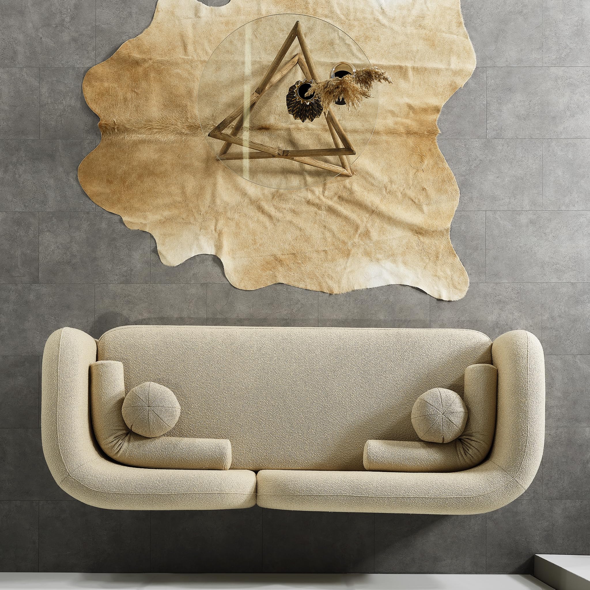 SSC SATISUNCASA Japandi Style Boucle Sofa, Modern Tight Curved Back Sofa, Minimalist Style Comfy Couch for Living Room Apartment (Light Beige + Boucle Tedyy)