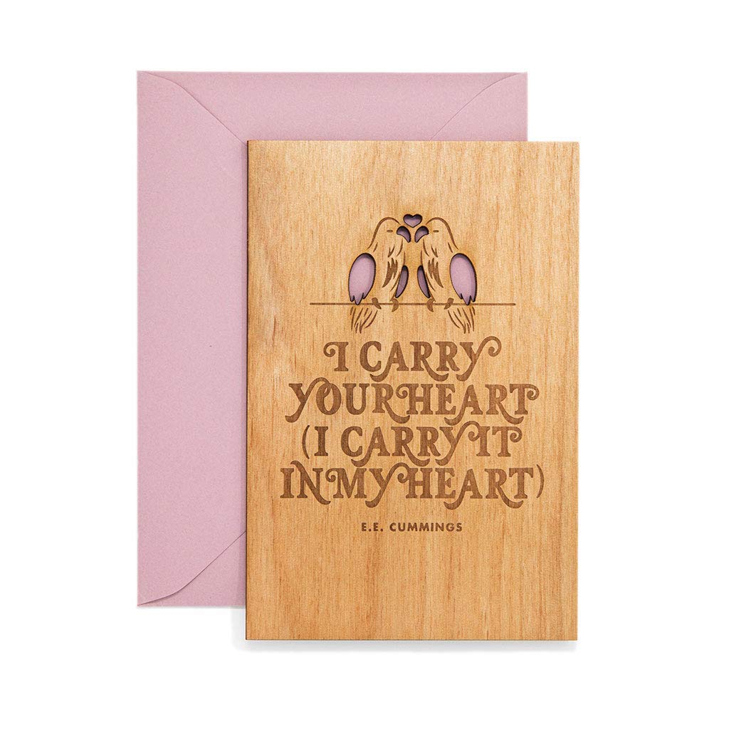 I Carry Your Heart Lovebirds E.E. Cummings Wood Card [Personalized Gifts, Custom Message, Anniversary, Wedding, Birthday, Just Because]