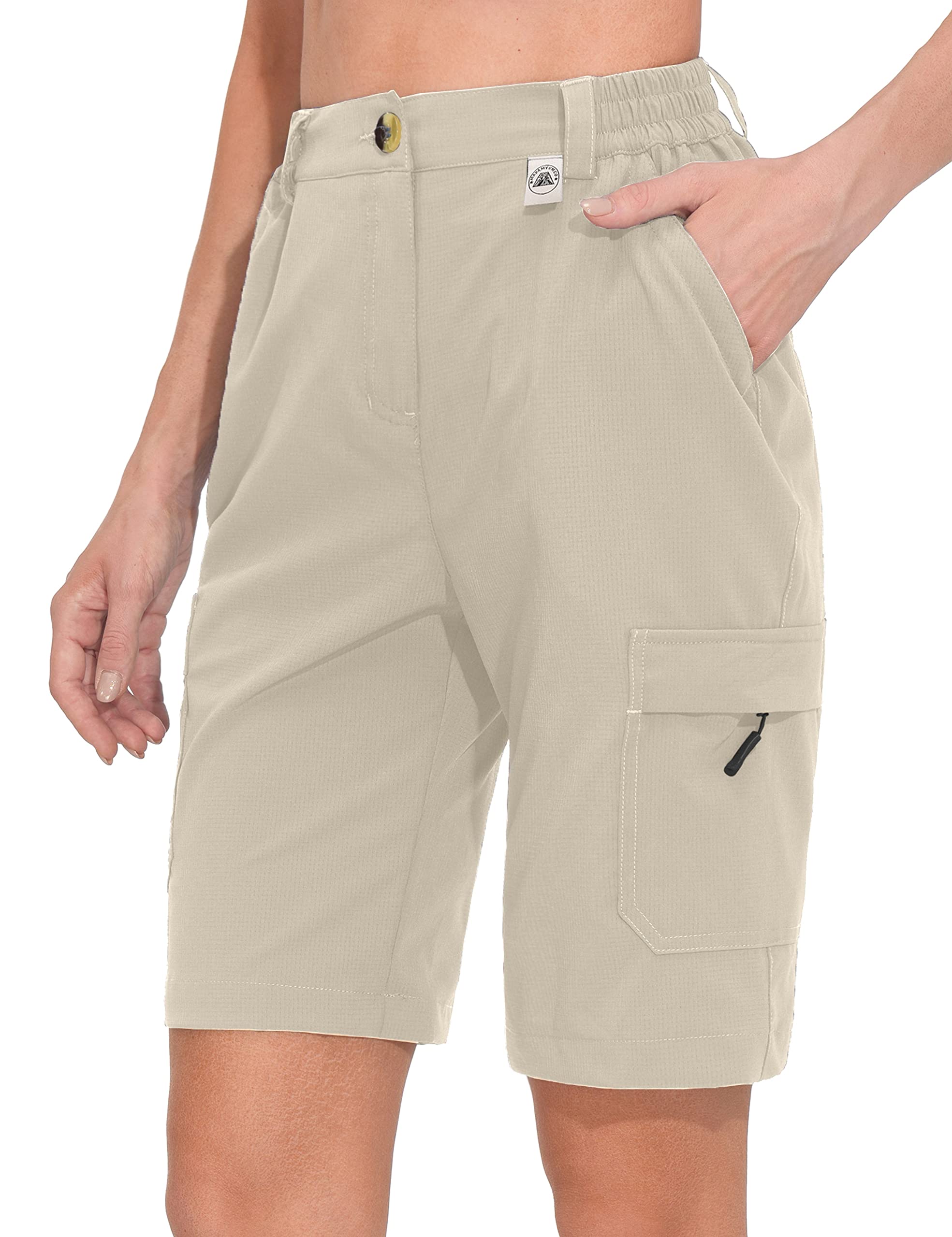 Mapamyumco Women's 10 Inch Inseam Hiking Cargo Shorts Quick Dry Lightweight Golf Shorts Bermuda for Summer Travel Dark Khaki L