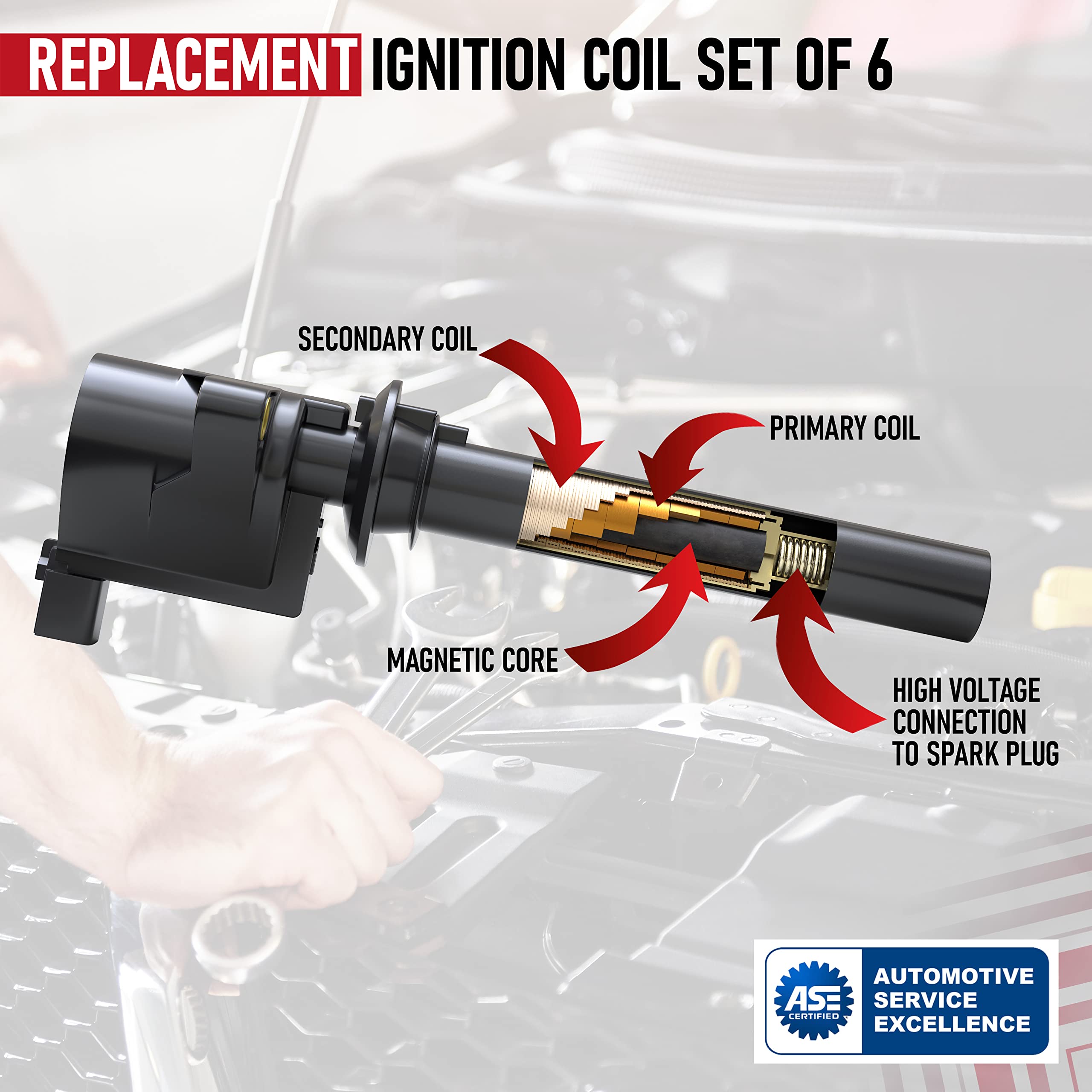 Ignition Coil Pack Set of 6 - Compatible with Ford, Mazda, Mercury 3.0L V6 Models - Replaces 18LZ-12029-AB, 18LZ-12029-AA, 2M2Z-12029-AC, DG500, DG513 - Fits 01, 02, 2003, 2004, 2005 Escape, Taurus