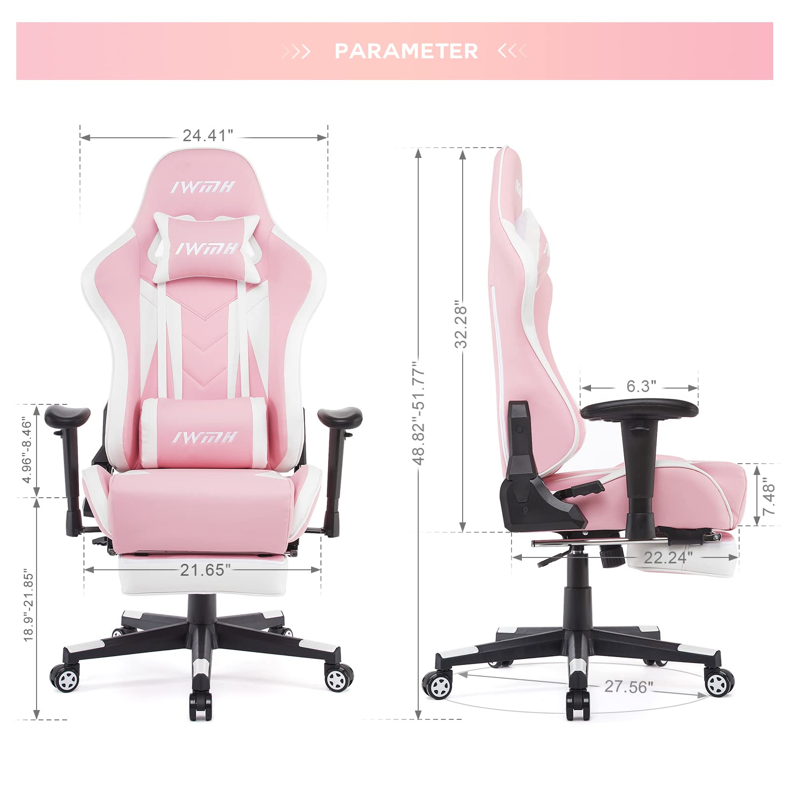 IWMH Gaming Chair with Footrest Ergonomic, High Back Reclining Computer Desk Chair for Home Office, Adjustable Leather Racing Chair with Headrest Lumbar Support (Pink)