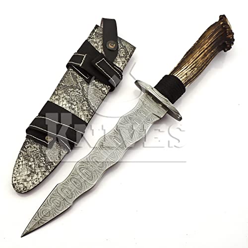 NoonKnives: custom Hand Made Damascus forge wavy style Steel Collectible wavy dagger Knife Handle deer stag horn crown with damascus Inserts (stag)