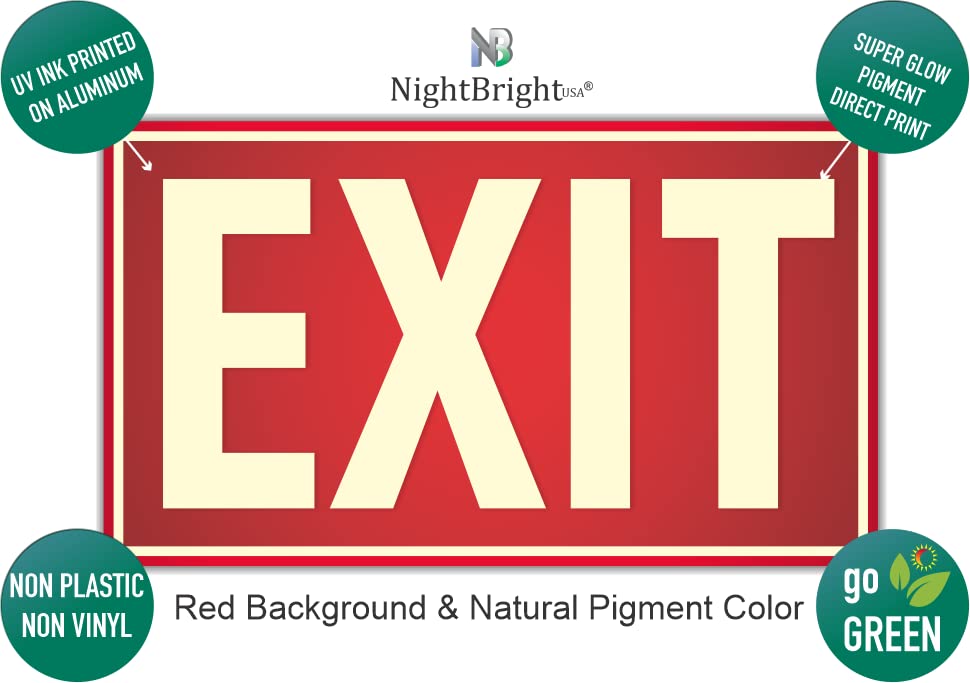 Photoluminescent Exit Sign (Red) / Pack of 2 / UV Inks on Aluminum. Heat Resistant | Cold Tolerant | Weather Proof. MADE IN USA.
