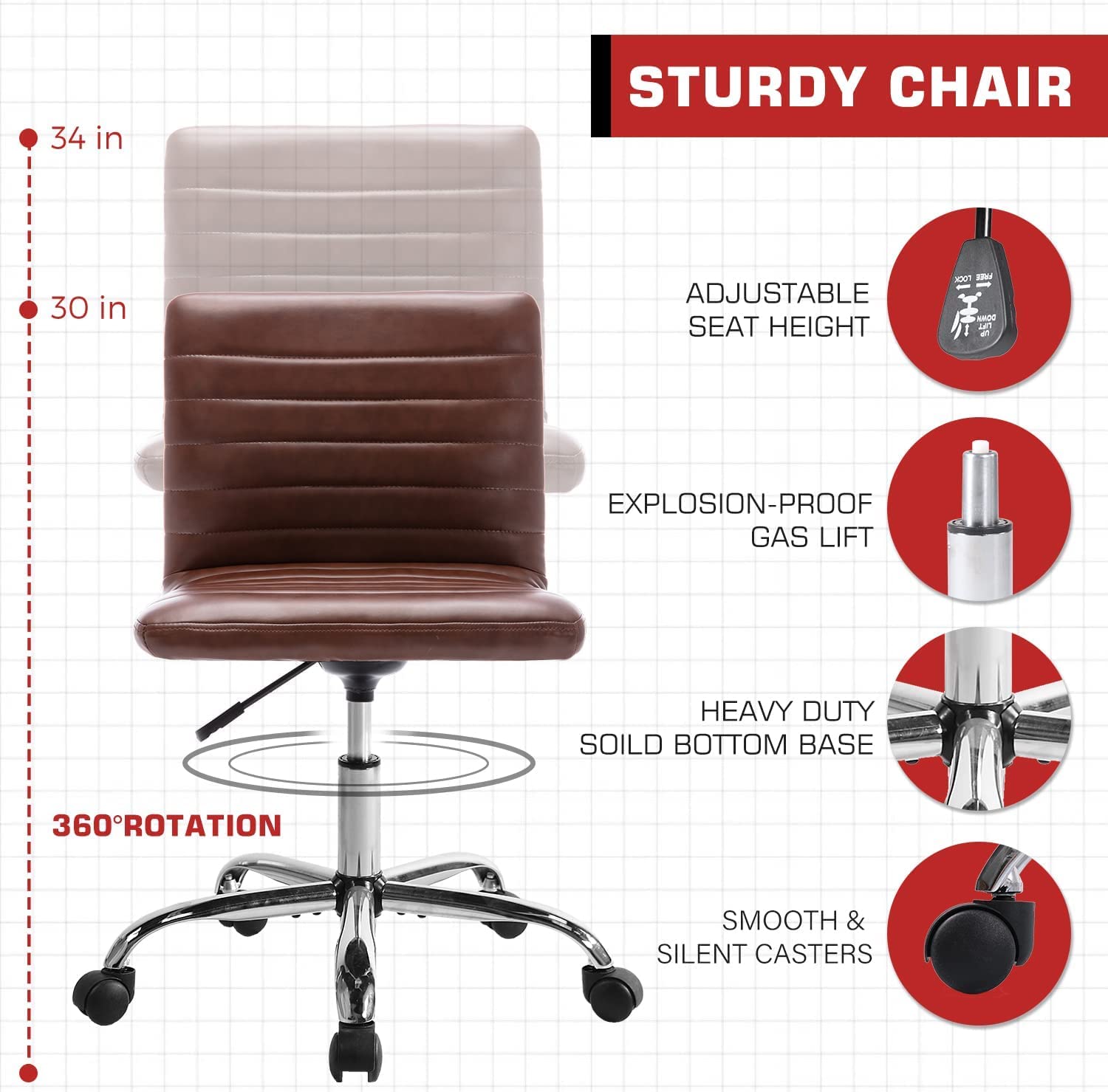 HOMEFLA PU Leather Office Armless-Computer Swivel Rolling Task Home Low Back Makeup Ribbed Desk Chair with Wheels for Bedroom Conference Reception Room (Brown, Retro)