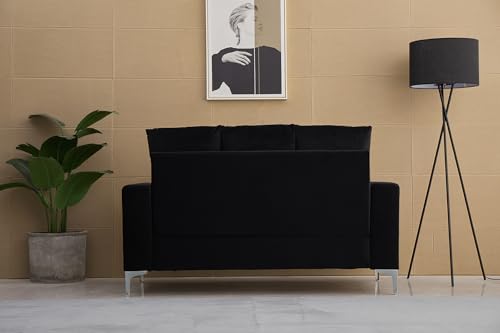 Velvet Small Loveseat Sofa Modern Sectional Couch with Square Armrest Rivets 2 Pillows for Living Room Black