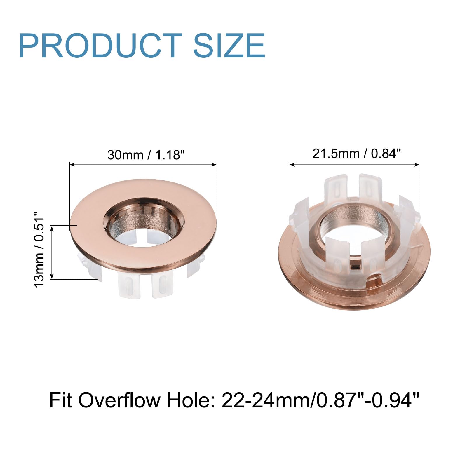 uxcell 8pcs Sink Overflow Rings, Bathroom Kitchen Basin Trim Bath Sink Hole Round Hollow Brass Overflow Drain Cover Insert in Hole (Rose Gold)