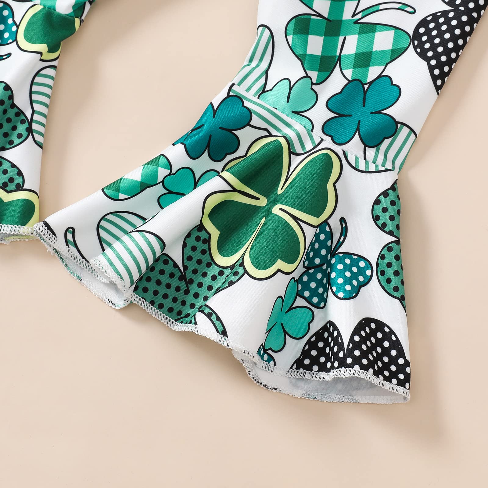 St. Patrick 's Day Newborn Baby Girl Solid Ribbed Long Sleeve Romper+Four Leaf Clover Print Pants+Headband 3Pcs Clothes Set (Green, 0-3 Months)