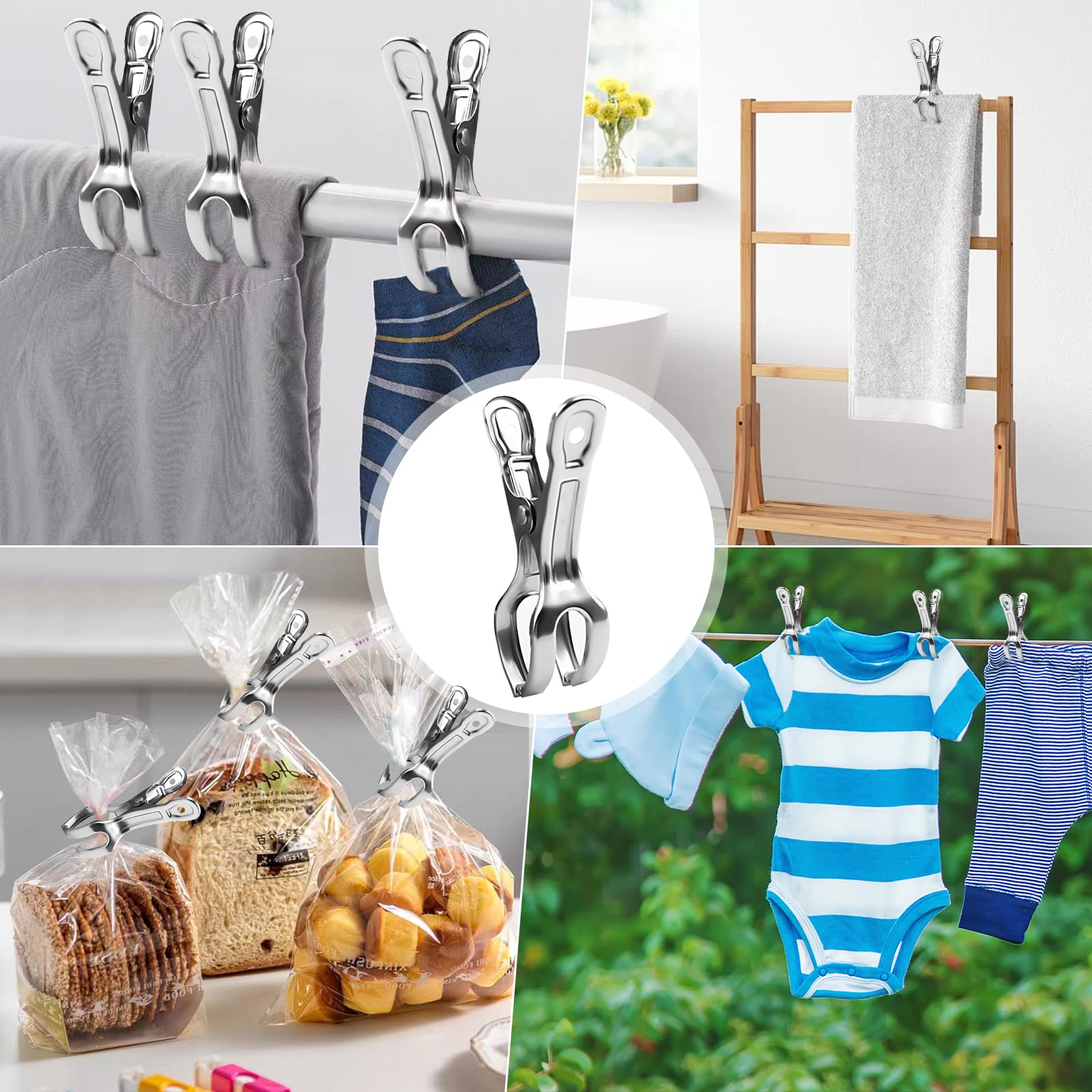 Tokusatsu 6-Pack Kitchen Towel Clips - Stainless Steel Heavy Duty Towel Clip, Ideal for Kitchen, Oven Handle, Bathroom Towel Rack, Dishwasher and Stove to Trevent Towels from Falling Off, Silver