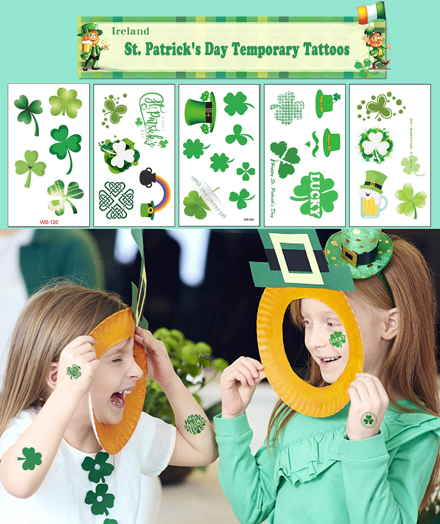 St. Patrick's Day Temporary Tattoos,Face Body Shamrock Accessories Tattoos Stickers for Saint Patrick's Day Party Favor Decoration(Style One)