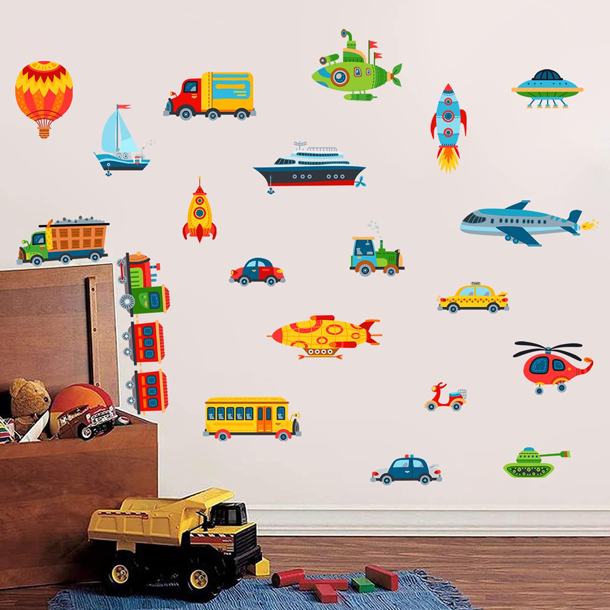 Transport Vehicles Wall Decals for Kids Car Train Spacecraft Airplane Wall Stickers Boys Room Playroom Baby Nursery
