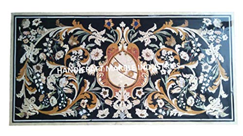 Pietra Dura Natural Black Marble 48" x 30" Inch Rectangle Dining Table Top, Italian Pattern Pietra Dura Outdoor Centre Table Top, Conference Room Table Top, Piece of Conversation, Family Heirloom