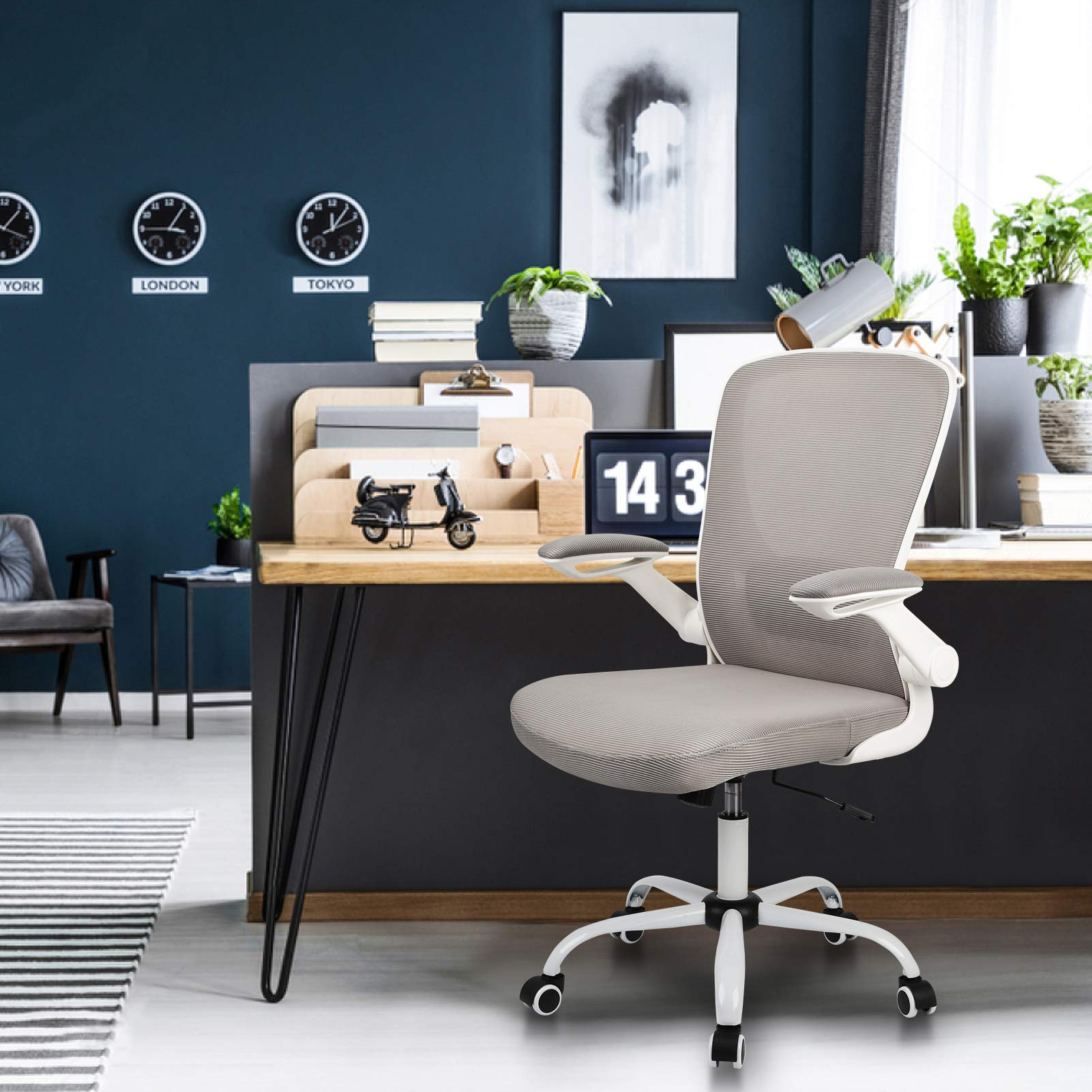 Komene Ergonomic Office Chair Mesh Computer Chair Swivel Recliner Chair with Lumbar Support and Flip-up Arms, Mid Back Adjustable Seat Height (g)