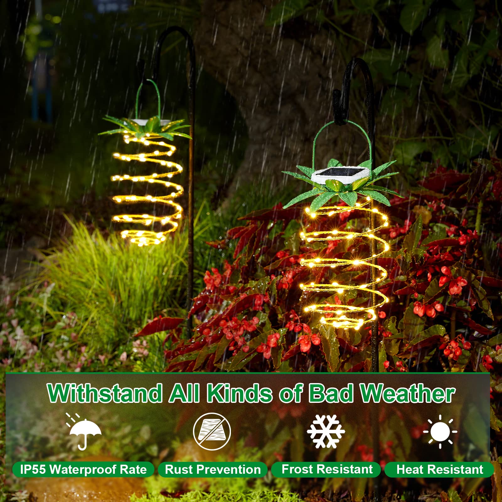 JSOT 2 Pack Solar Lanterns Outdoor Waterproof, 60LEDs Hanging Pineapple Decorative Lights for Backyard, Porch, Patio, Table, Yard, Balcony, Plants, Teepee, Lawn, Pathway, Warm Light.