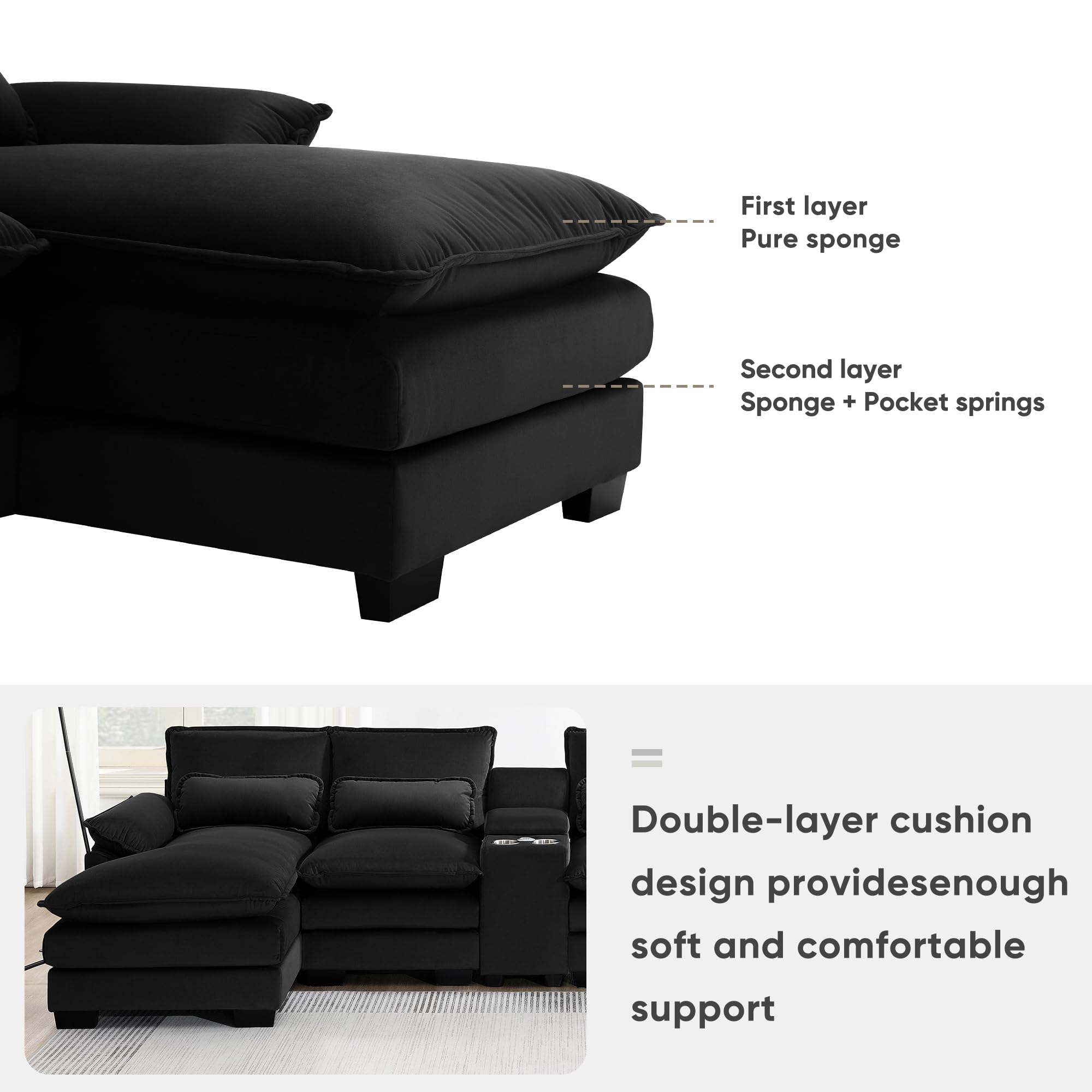 WIIS' IDEA 123" Modern Sectional Sofa Couch,U-Shaped Sofa with Console,Cupholders and USB Ports,6-seat Upholstered,Sleeper Couch Set with Chaise,Sectional Couches for Living Room,Apartment(Black)