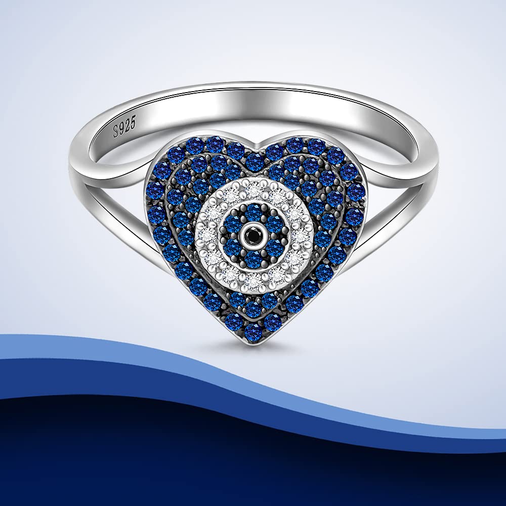 LOVGIFSET Evil Eye Ring Sterling Silver Turkish Evil Eye Rings for Women Blue Eyes Sapphire Protection Mal De Ojo Nazar Jewelry Size 7