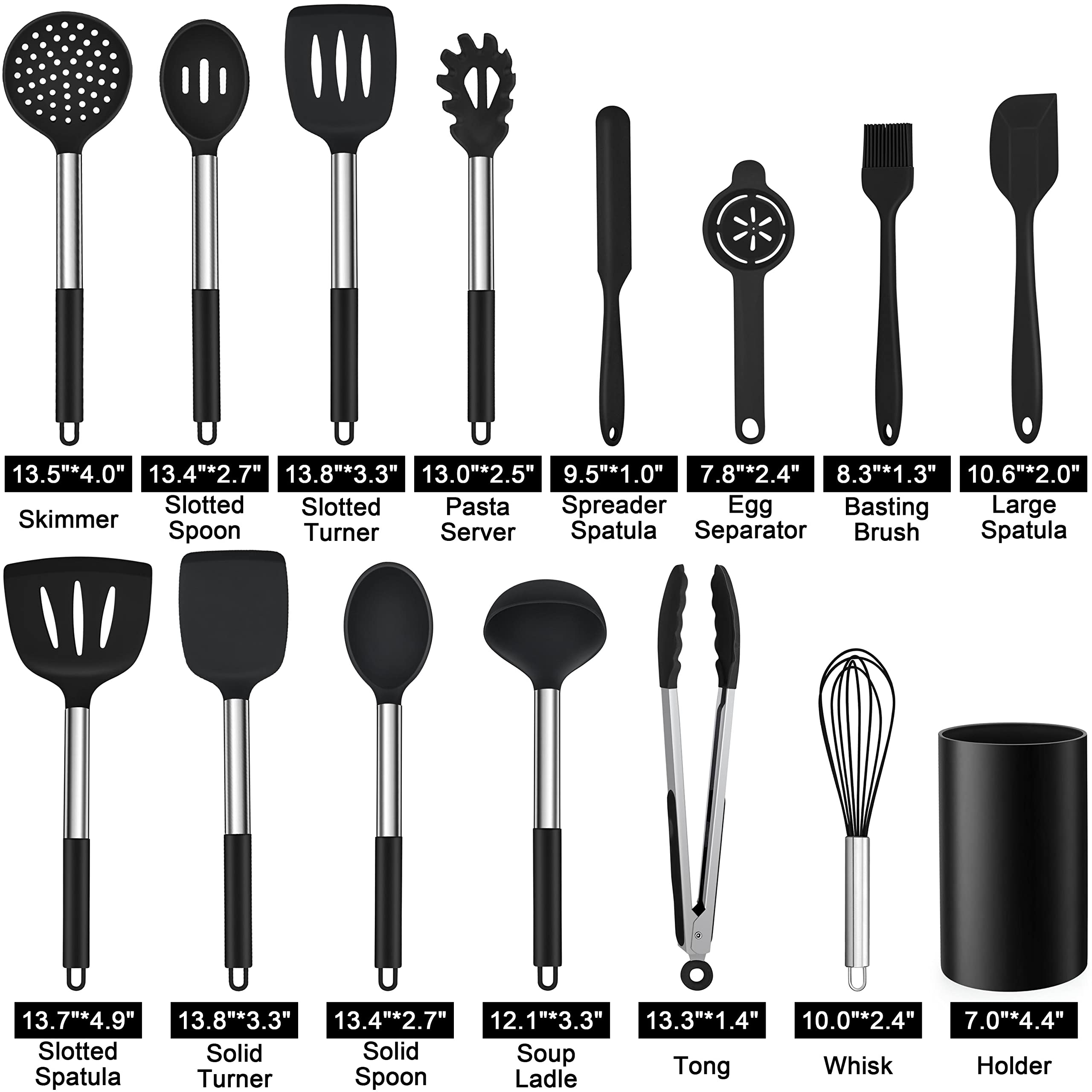 Homikit 15 Pieces Kitchen Cooking Utensils Set with Holder, Gray Silicone Utensil Sets Stainless Steel Handle, Nonstick Kitchen Tools with Spatulas Spoons Turner Tong for Cookware, Heat Resistant