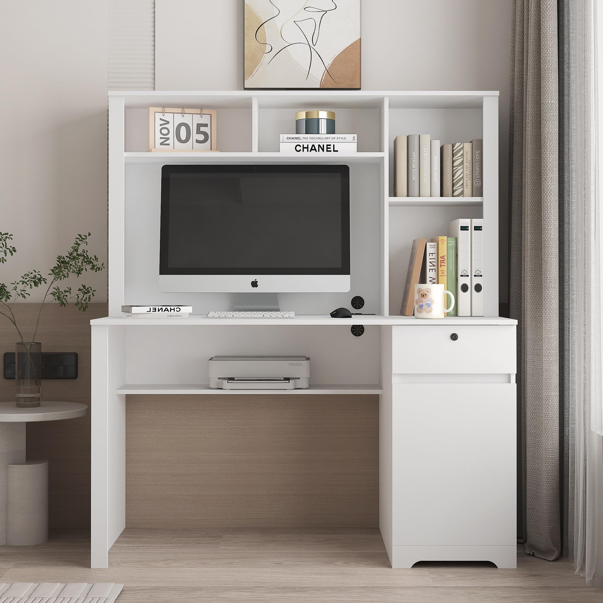 Holaki Computer Desk with Hutch & Bookshelf,Wood Executive Desk Teens Student Desk Writing Laptop Home Office Desk with Drawers,3 AC Outlets and 2 USB Charging Ports,Study Laptop Table for Home(White)