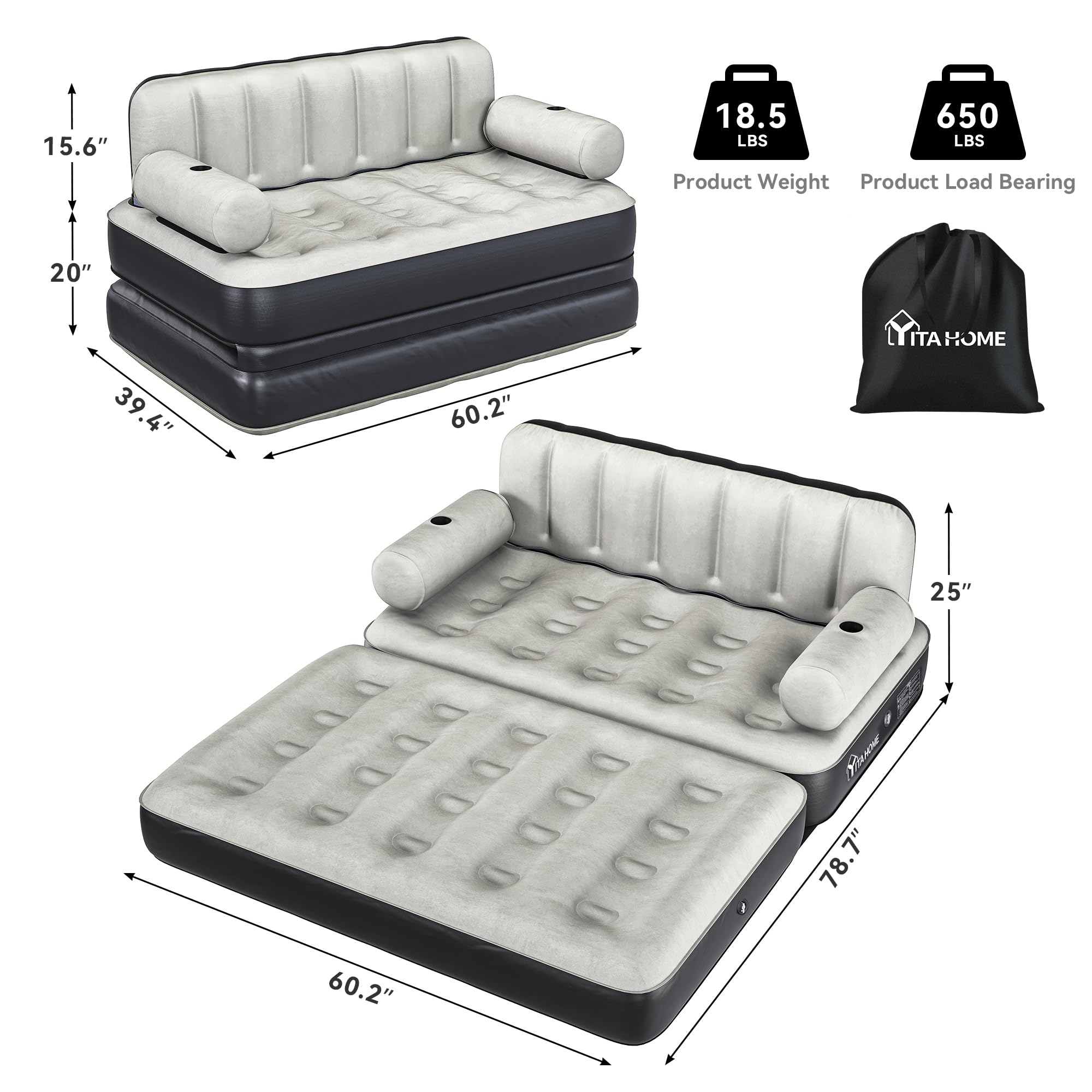 YITAHOME 18'' Flocked Top Queen Air Mattress with External Pump and Headboard, Durable Inflatable Bed, Blow-Up Mattress for Indoor and Outdoor Use, Black