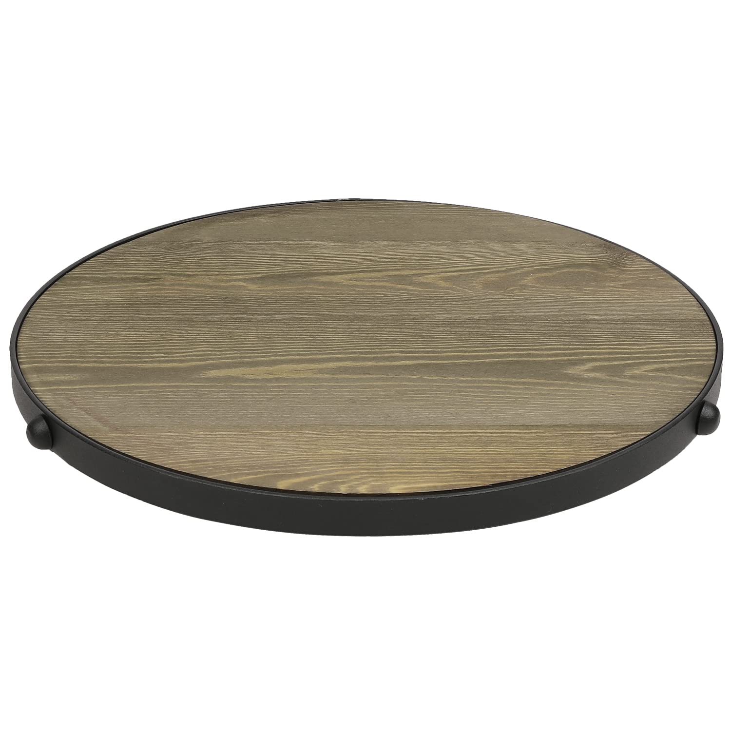 MyGift 15 Inch Large Lazy Susan Turntable Tray with Rustic Burnt Wood Finish and Black Metal Rim, Tabletop Dining Table Condiment Rotating Serving Tray