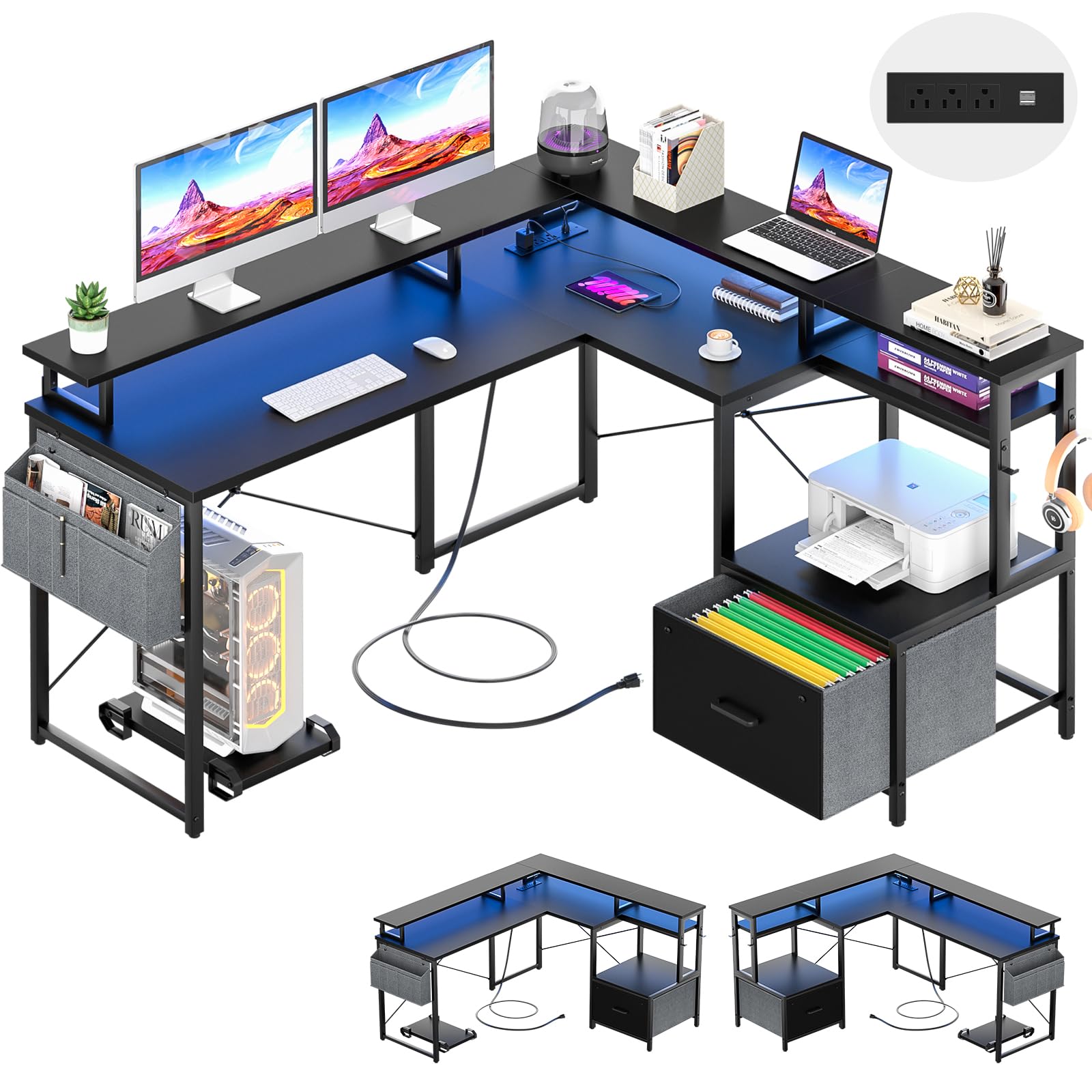 Unikito L Shaped Desk with File Drawer, Reversible L Shaped Computer Desk with Power Outlet & LED Lights, Home Office Desk Corner Desk with Monitor Shelf and Printer Cabinet, Gaming Desk, Black