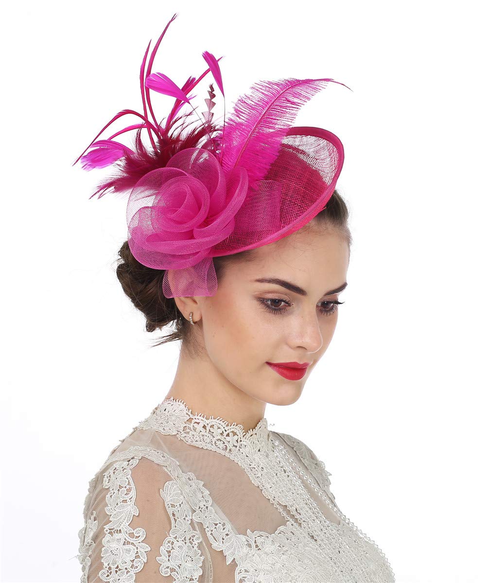 SAFERIN Fascinator for Women Hair Clip Hat Bowler Feather Flower Veil Wedding Party Hat Tea Hat(TA4-Fuchsia)