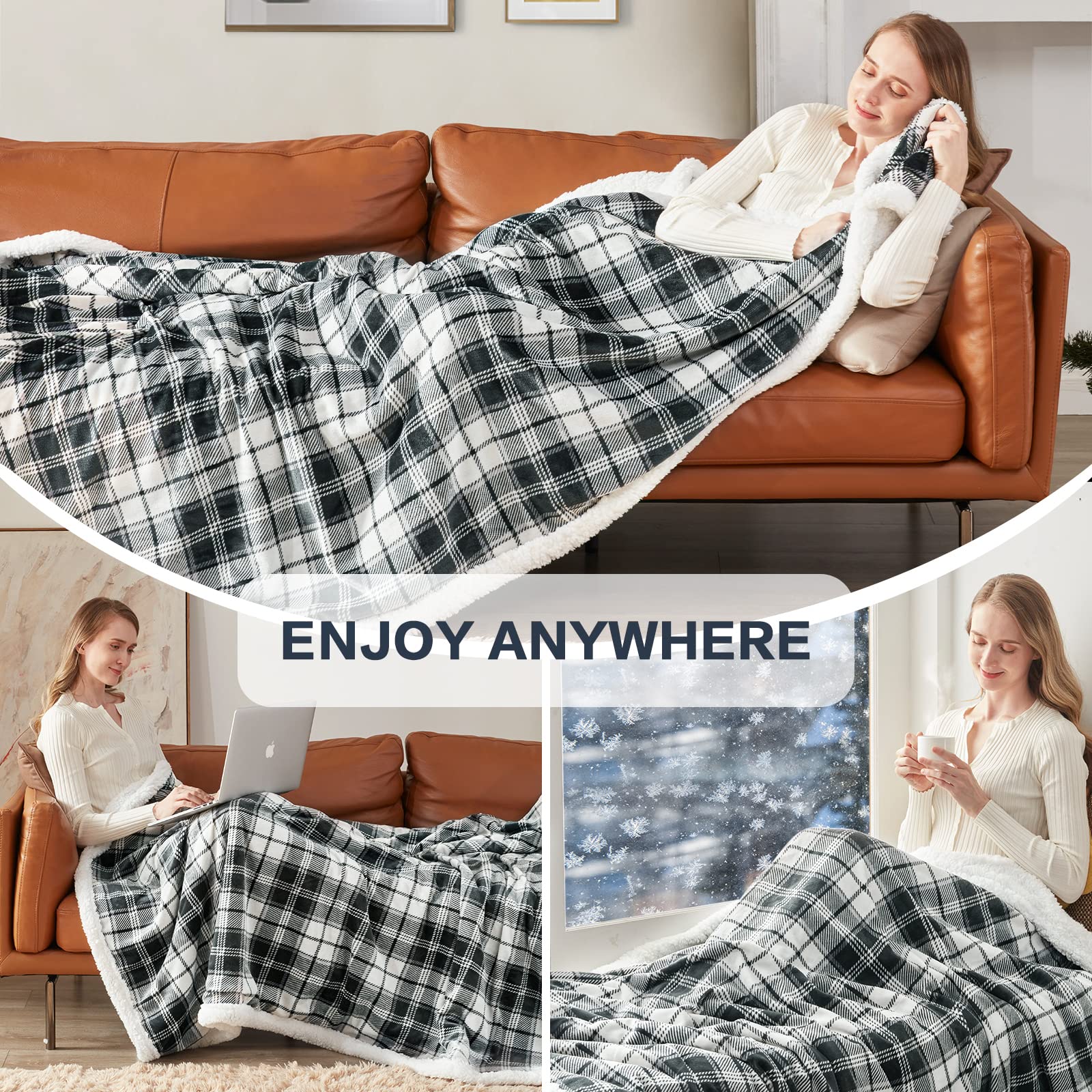 inhand Sherpa Throw Blanket, Plaid Warm Cozy Soft Throw Blankets for Couch, Bed, Sofa,Reversible Fluffy Plush Flannel Fleece Blankets and Throws for Adults Women Men(Grey, 50”x 60”)