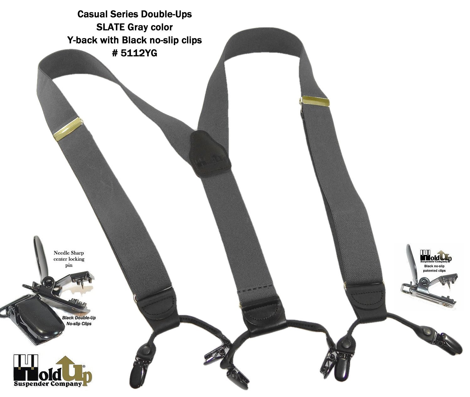 Holdup Brand Casual series Slate Dual Clip Double-Up style Suspenders for Men withNo-SlipĀ® black clips
