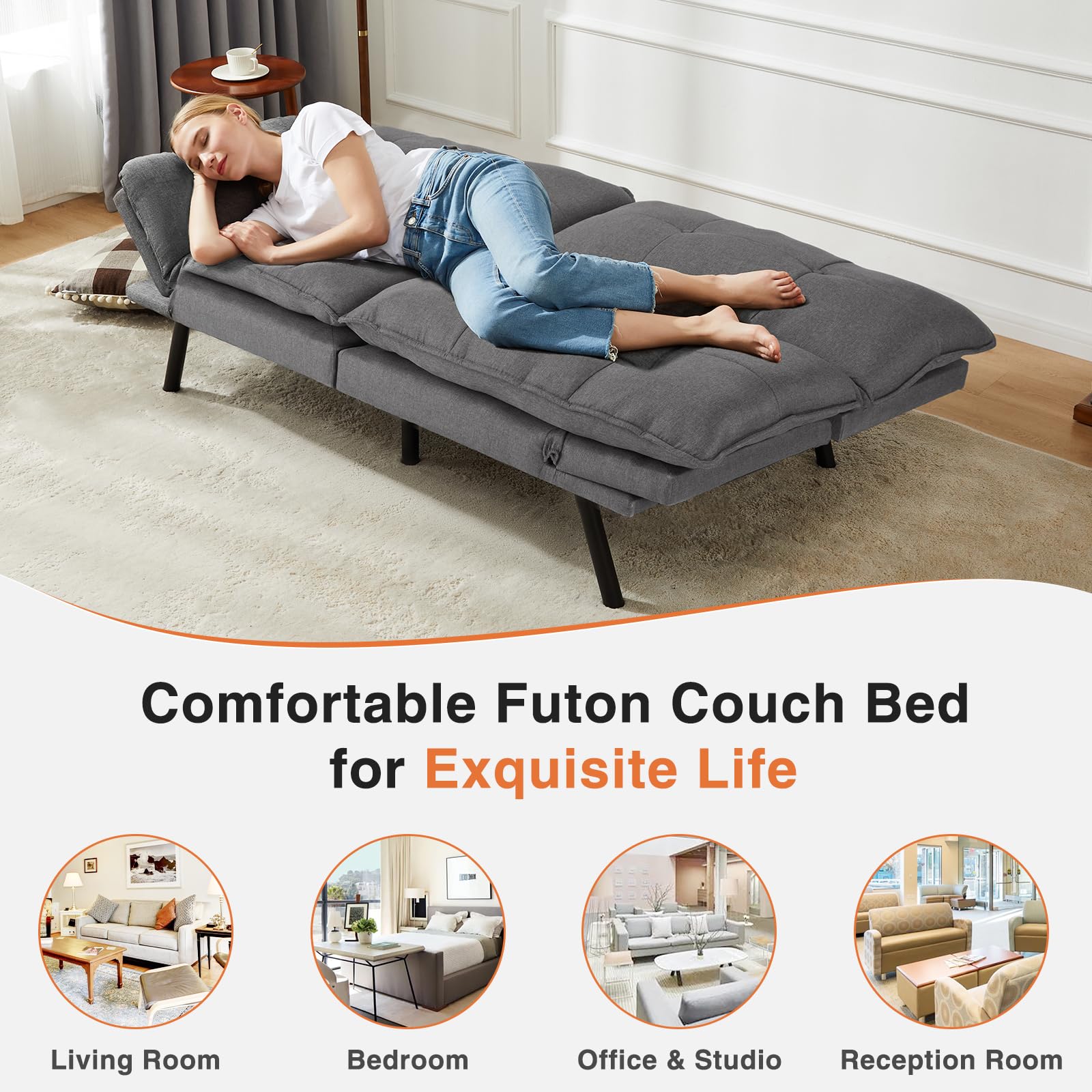 Sweetcrispy Comfortable Futon Sofa Bed, Convertible Adjustable Sofa Bed Couch, Memory Foam Loveseat for Efficient Home and Office Use, Grey