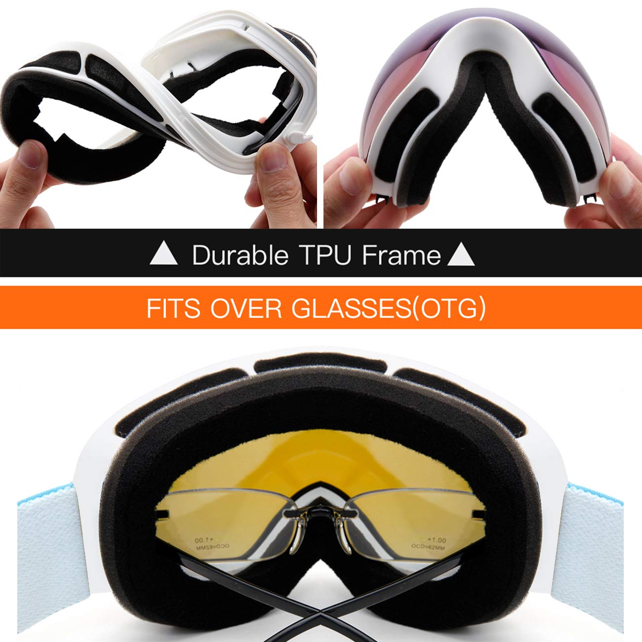 JULI Kids Ski Goggles,Interchangeable Double Layer Spherical Lens,OTG Anti-Fog Snowboard Skate Snow Goggles Age 4-16 4300(White/Blue)