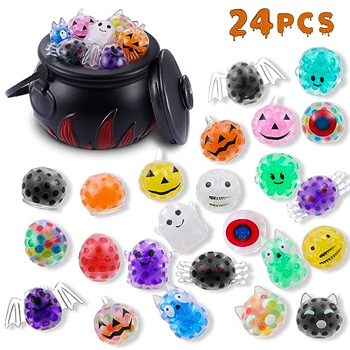 xutengy 5.5" Halloween Cauldron with 24 Pcs Mochi Squishy ToysďźHalloween Mini Kawaii Squeeze Toys for for Kids Girls Boys Halloween Party Favors Trick or Treat Bags GiftsďźSchool Classroom Rewards