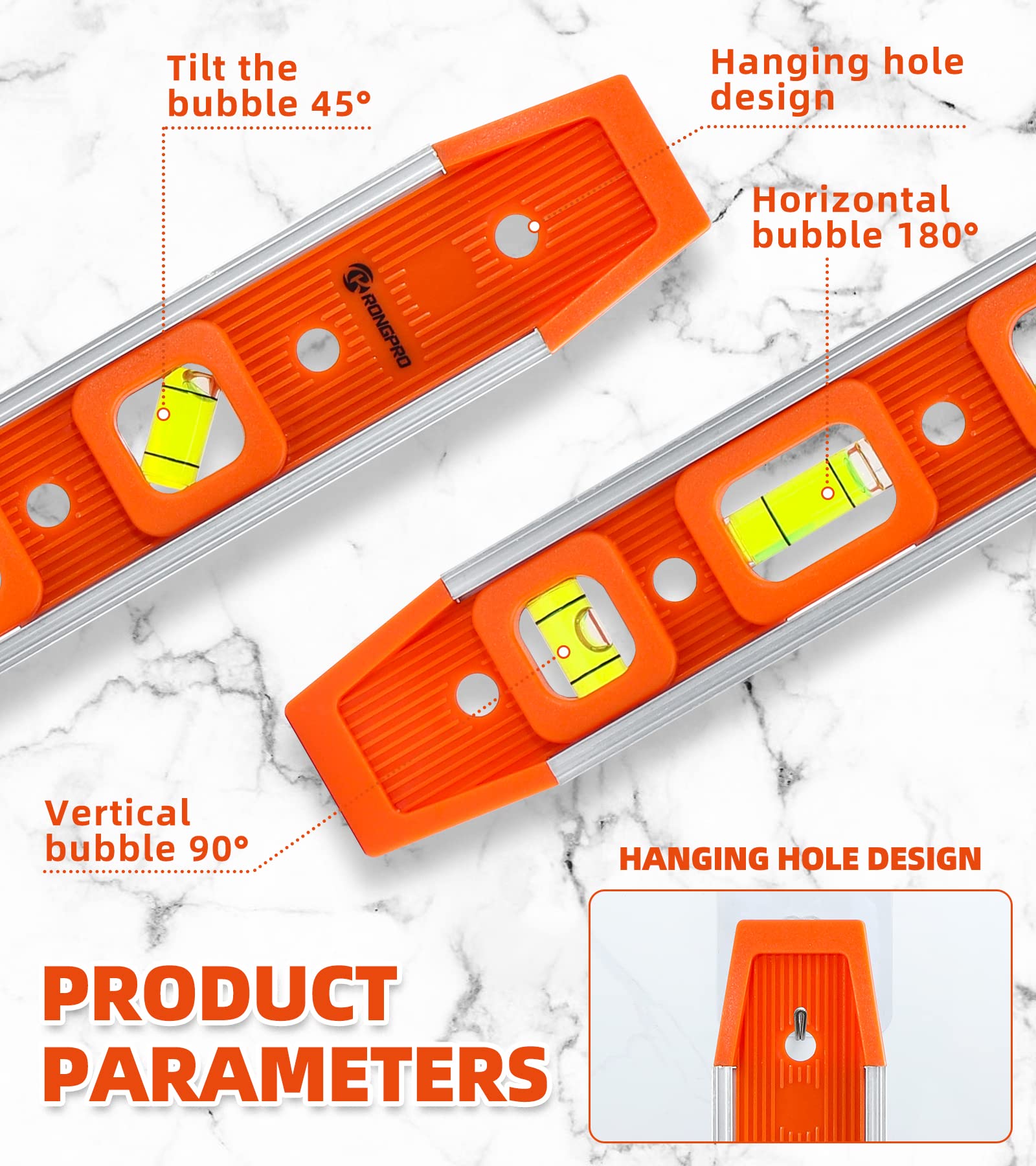 RONGPRO 9 Inch Torpedo Level Magnetic Box Level, Measuring Shock Resistant Torpedo Level with 45°/90°/180° Bubbles, Orange - 2 PCS