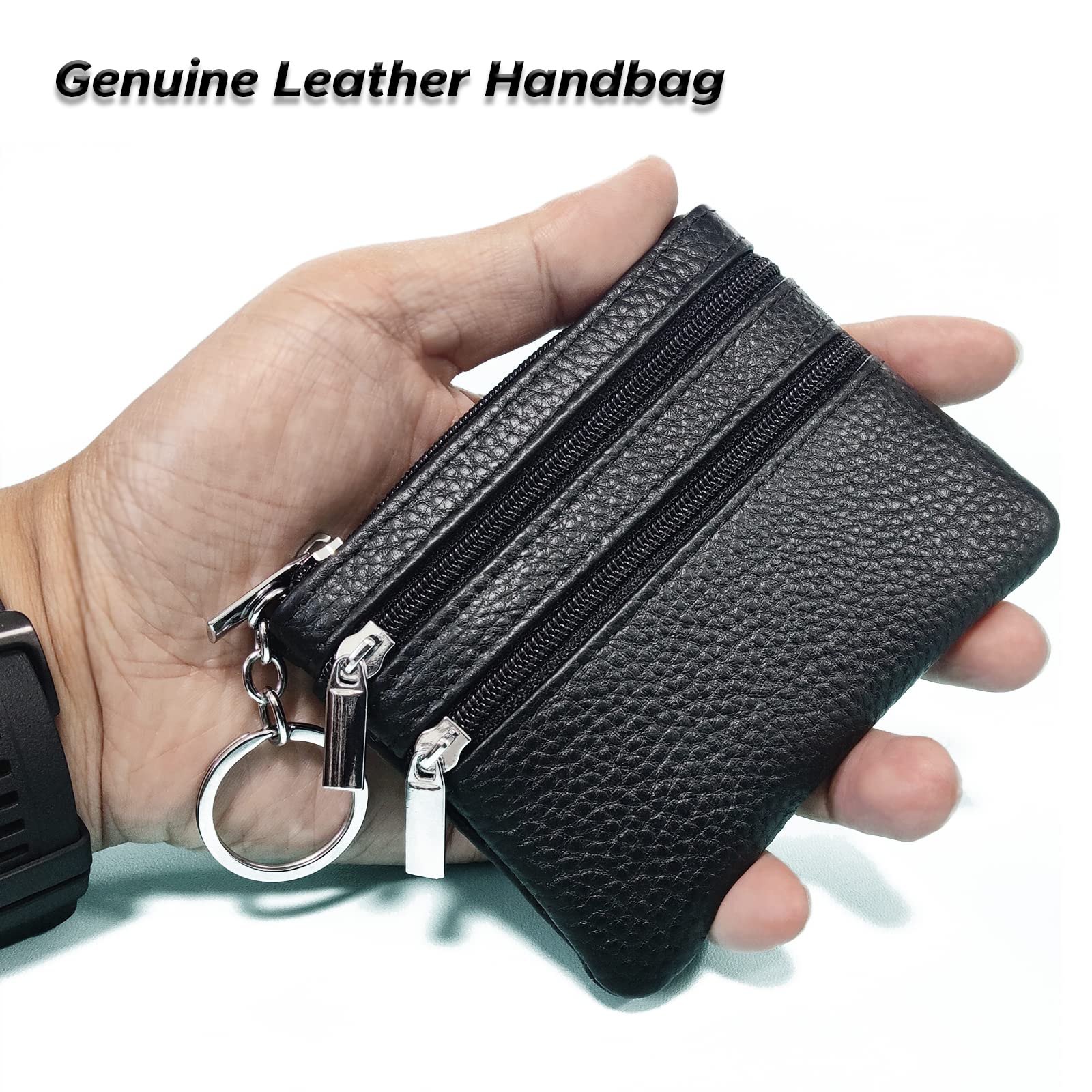 Naviurway Genuine Leather Coin Purse 3 Zipper Mini Pouch Change Wallet Key Fob Holder (Black)