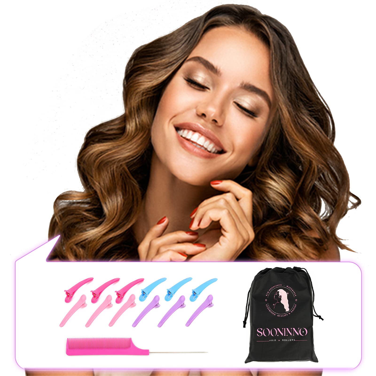 Sooninno Hair Rollers Curlers Set 38 Pcs Perfect for Long Medium Short Hair, 4 Sizes Self Grip Rollers Heatless Styling Tools with Large Storage Bag, Duckbill Clips