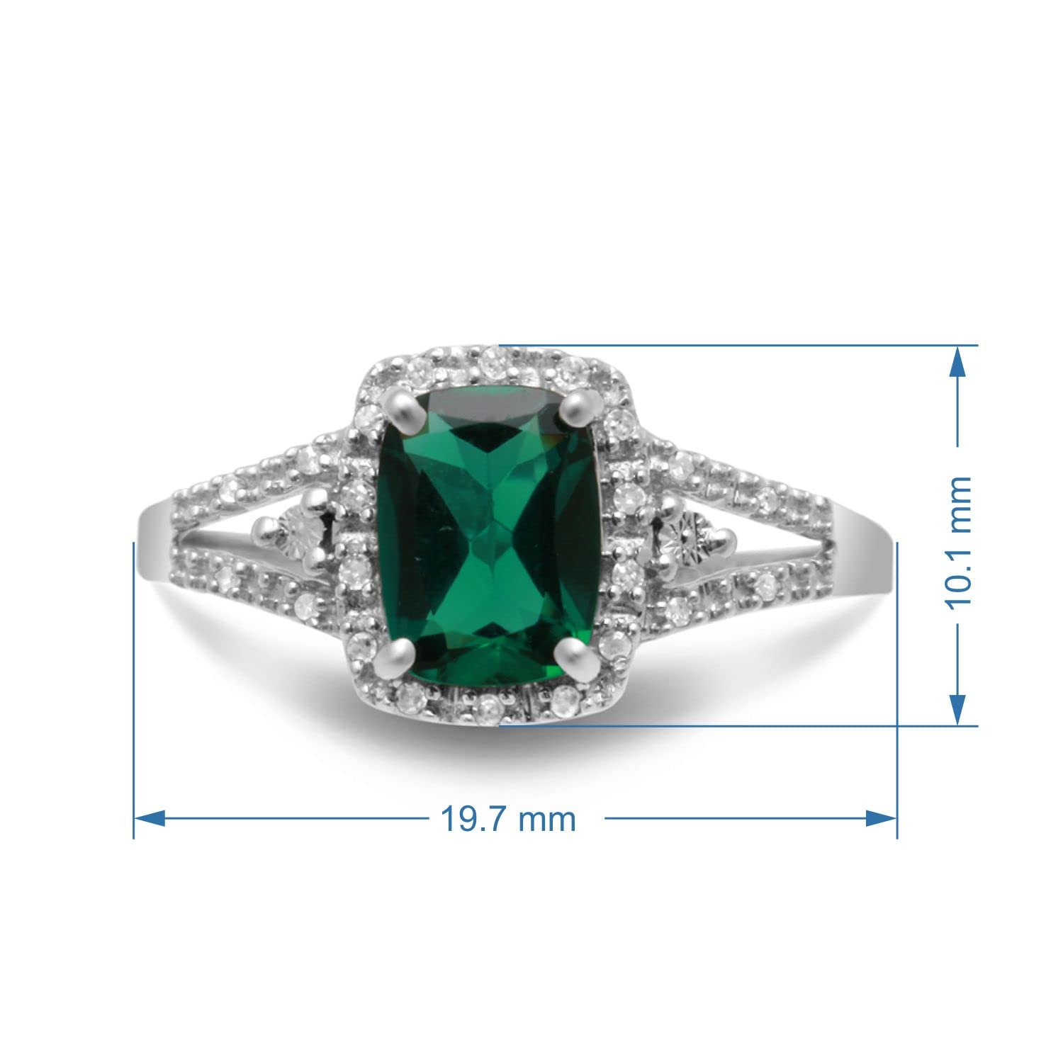 Jewelili 10K White Gold 8x6 MM Cushion Shape Simulated Emerald with Natural White Round Diamond Accent Ring, Size 7