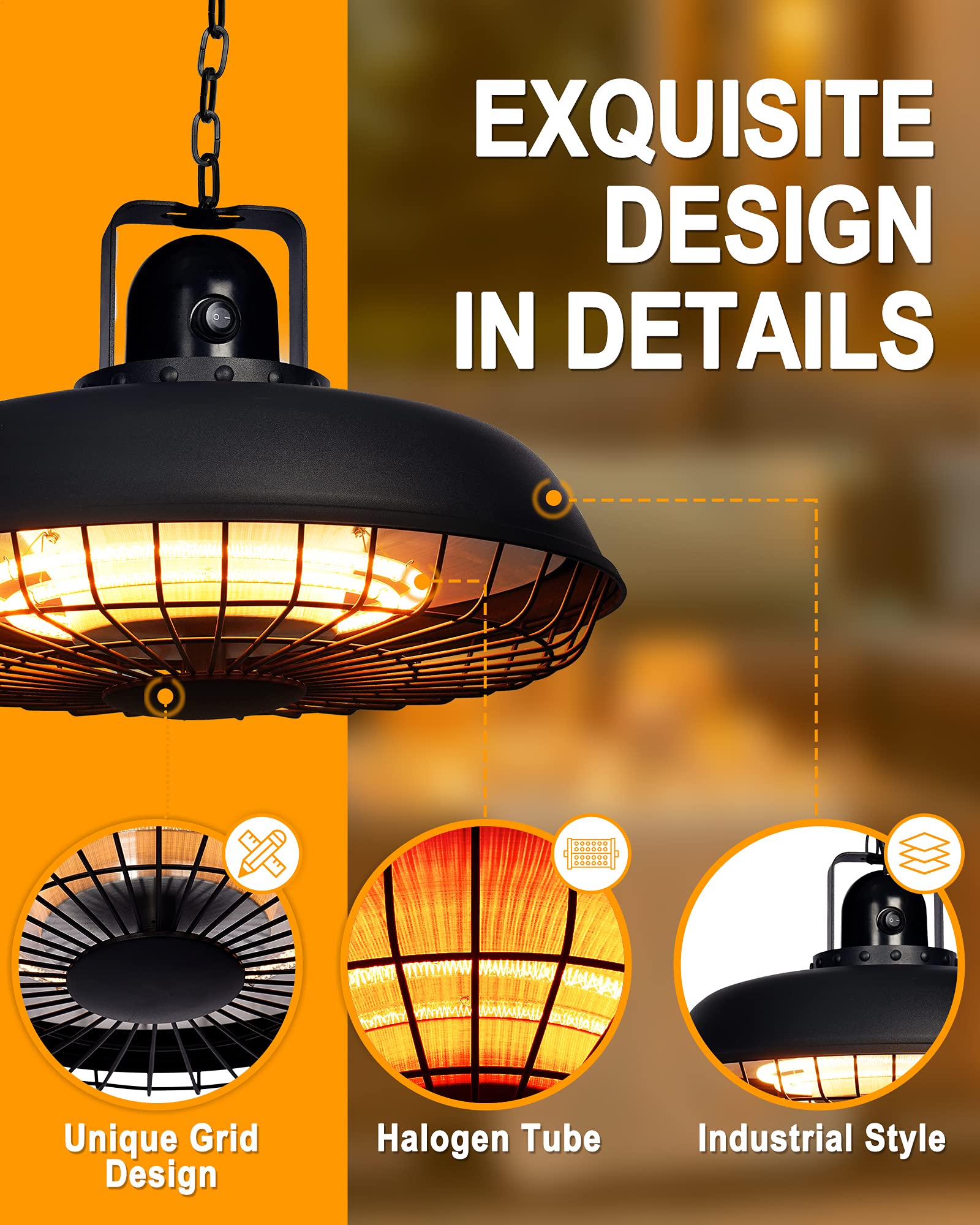Star Patio Electric Patio Heater, Outdoor Ceiling Heater With Remote Control & Touch Switch, 700/800/1500W Hanging Patio Heater With UFO Shape Sandy Black, Infrared Heater, IP44 Waterproof, STP2036-B