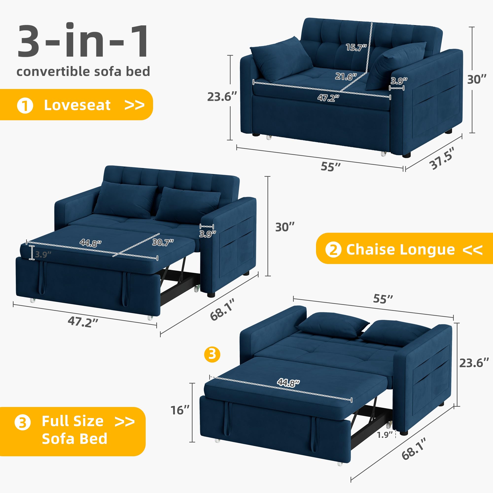 YITAHOME 55" Convertible Sofa Bed, 3-in-1 Sleeper Sofa with Pull-Out Bed, Cat-Scratch-Proof Fabric Futon Couch with Reclining Backrest and Side Pocket, Loveseat for Living Room, Grey, Full Size