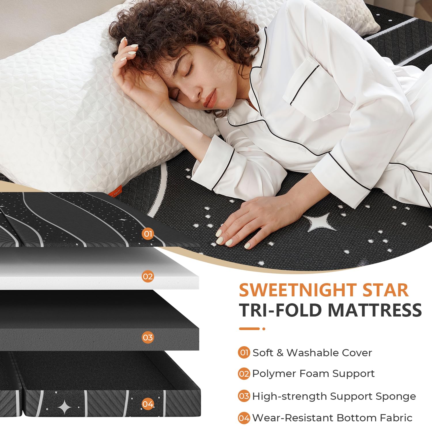 Sweetnight Tri-fold Mattress - 4 Inch Dual-layer Foam Folding Mattress | Removable & Washable 500G Superfine Fiber Cover | Suitable for Camping, RV & Home Use (Queen)
