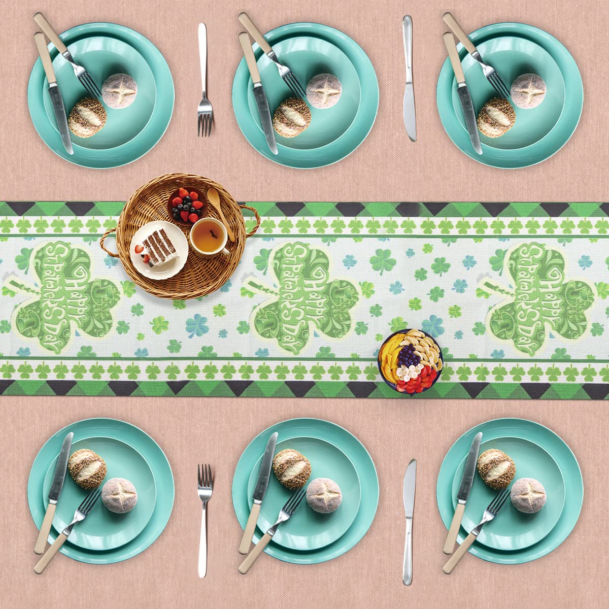 St Patricks Day Shamrock Table Runner 14 x 74 Inch,Pure Linen,Seasonal Spring Holiday Kitchen Dining Table Decoration for Home Decorations, Party, Dinner and Gatherings