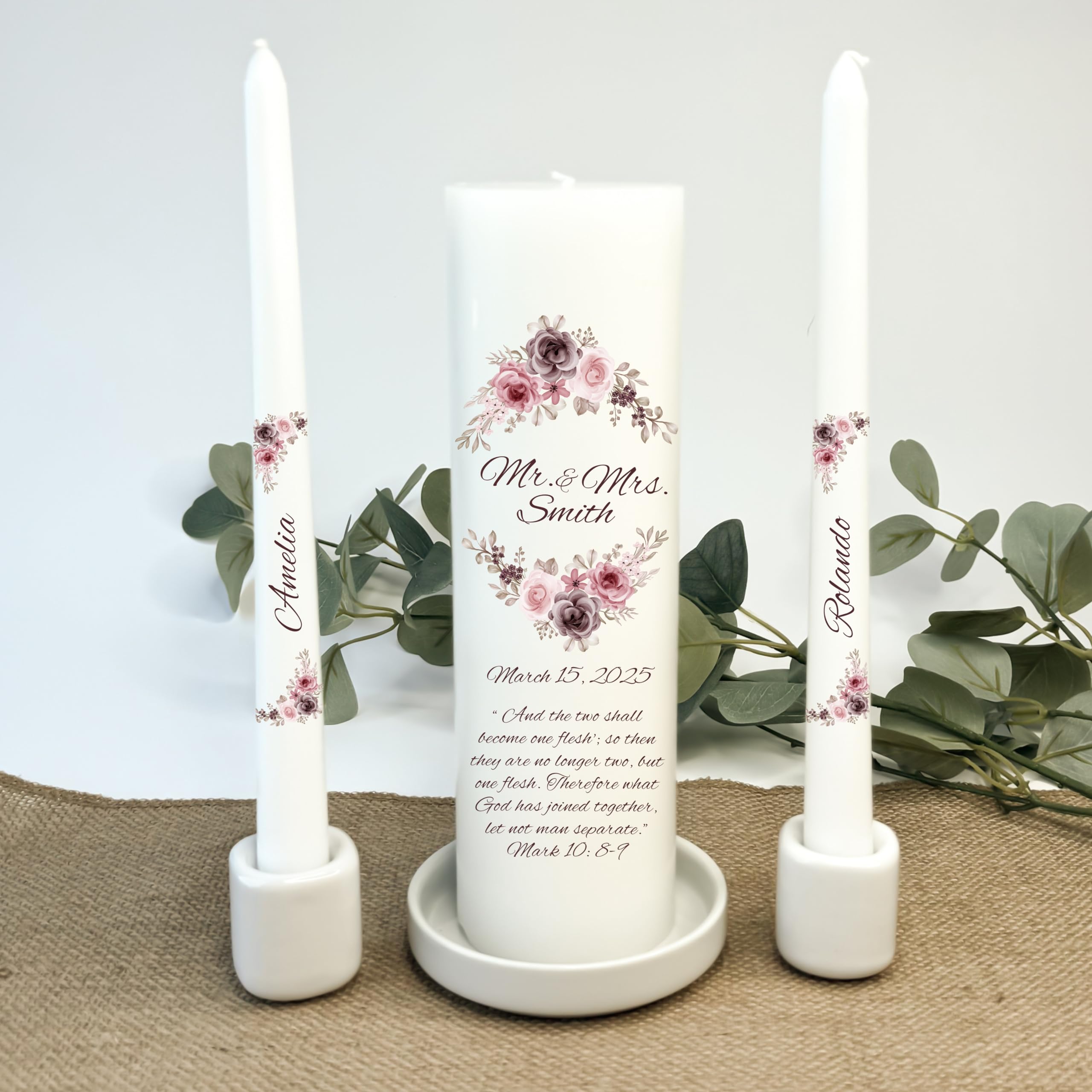Unity Candles for Wedding, Mr and Mrs Unity Set, Custom and Personalized Pillar and Taper Candles with Bible Quote, Unscented White Premium Wax, Religious and Wedding Ceremony, Special Events