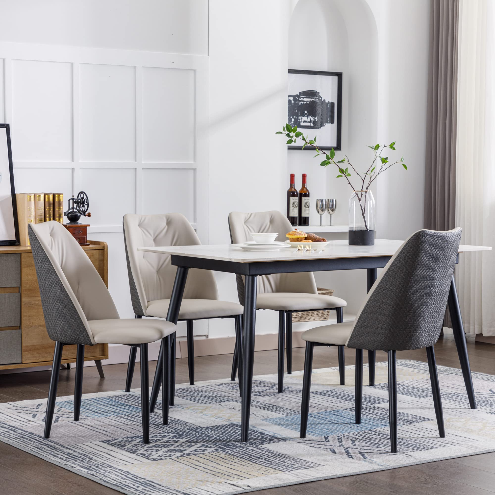 INMOZATA Dining Chairs Set of 4, Mid Century Modern Dining Room Chairs, Upholstered PU Leather Kitchen Chairs with Metal Legs,Beige