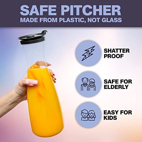 UMIEN Carafe Pitcher β Clear Beverage Carafes with Flip Top Lid, Iced Tea, Mimosas, Laundry Detergent, Milk, Juice β Easy Pour BPA Free Plastic Drink Container, 50 Ounce Round bottoms - 2 pack