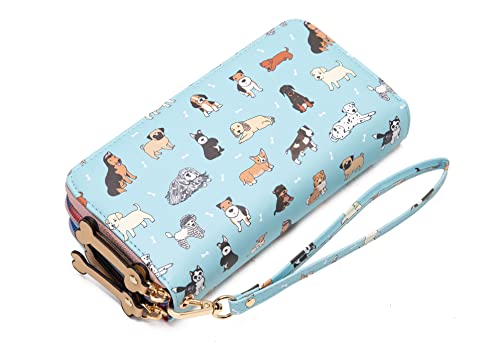 Nawoshow Women's Wallet Cute Cat Wallet Bifold Long Purse with Zipper,alaways happy (Cute Dog(Blue))