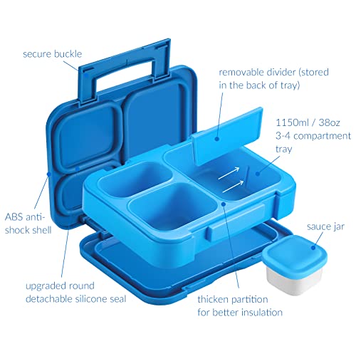 Sunhanny Bento Box Adult Lunch Box,1150ml/30oz Lunch Containers for Adults Men Women, Lunchable Containers 4 Compartments with Removable Divider and Sauce Jar, Microwavable, Dishwasher Safe, Blue