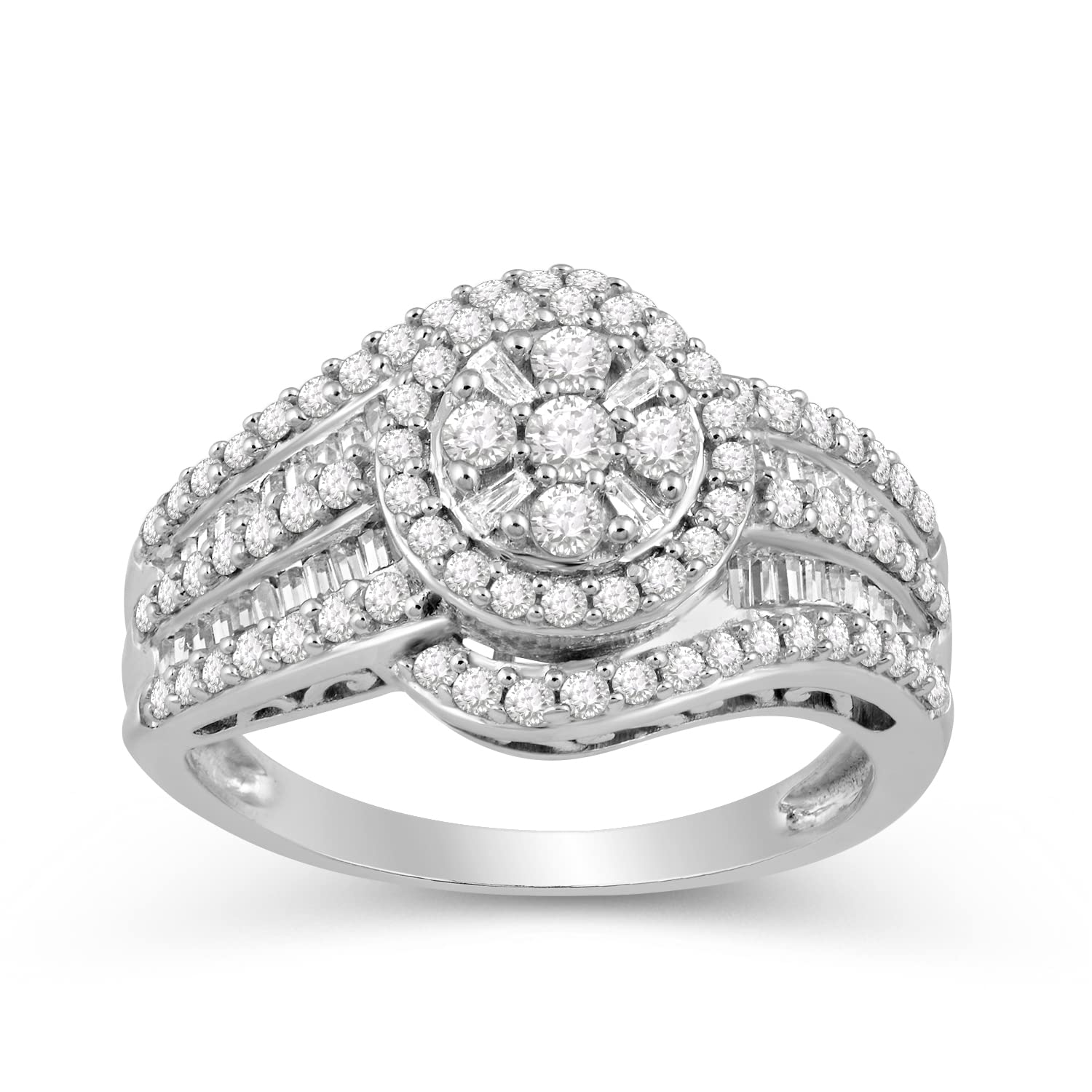 Jewelili 10K White Gold 1 Cttw Natural White Round and Baguette Diamonds Cluster Ring, Size 7