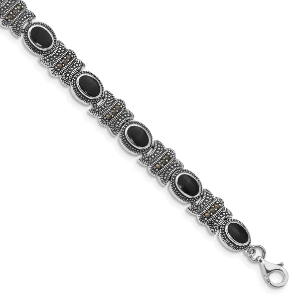IceCarats 925 Sterling Silver Marcasite Black Onyx 7.25 inch Chain Gemstone Tennis Bracelet