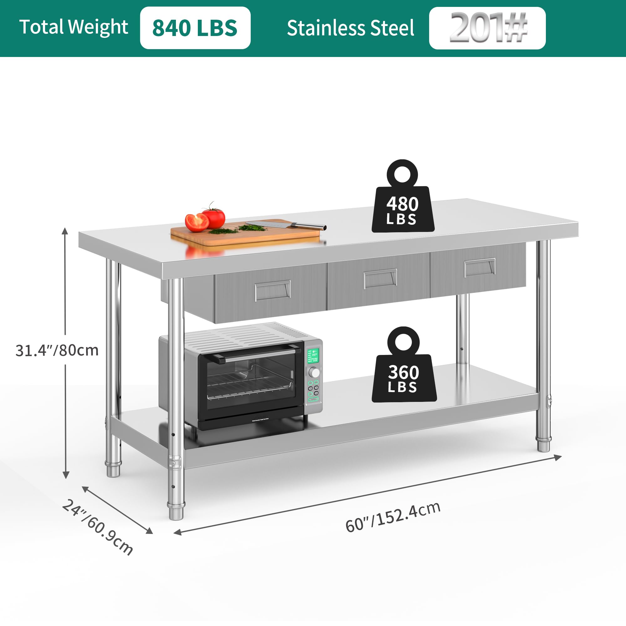 YITAHOME 60" X 24" Stainless Steel Table with 3 Drawers, NSF Work Table with Drawer, Metal Table Prep Table for Home Kitchen Restaurant Garage Warehouse