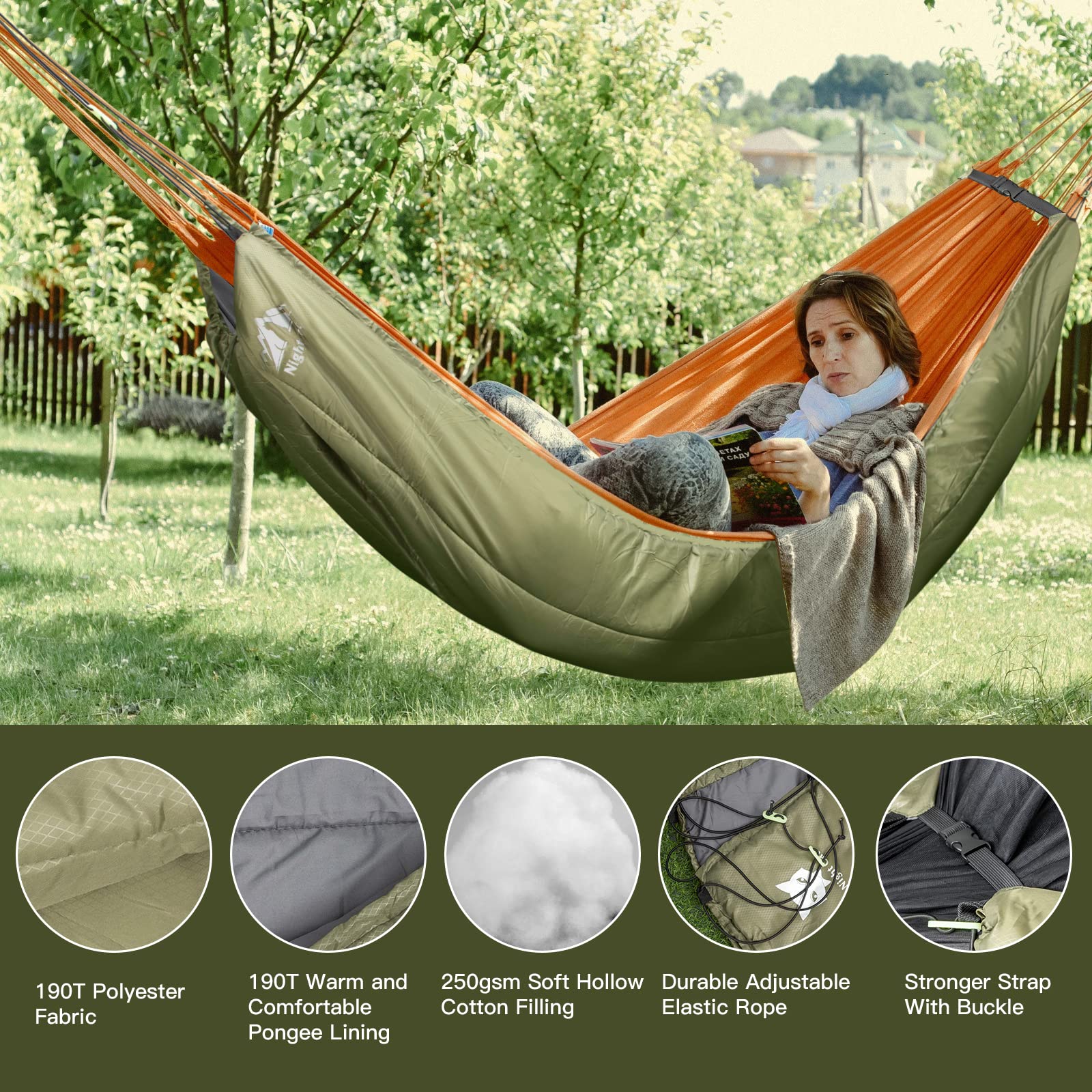 Night Cat Hammock Underquilts Sleeping Bag Single Insulated Under Blanket for Hammock 4 Seasons Lightweight Soft Warm 5-20β 8x3.6ft Army Green