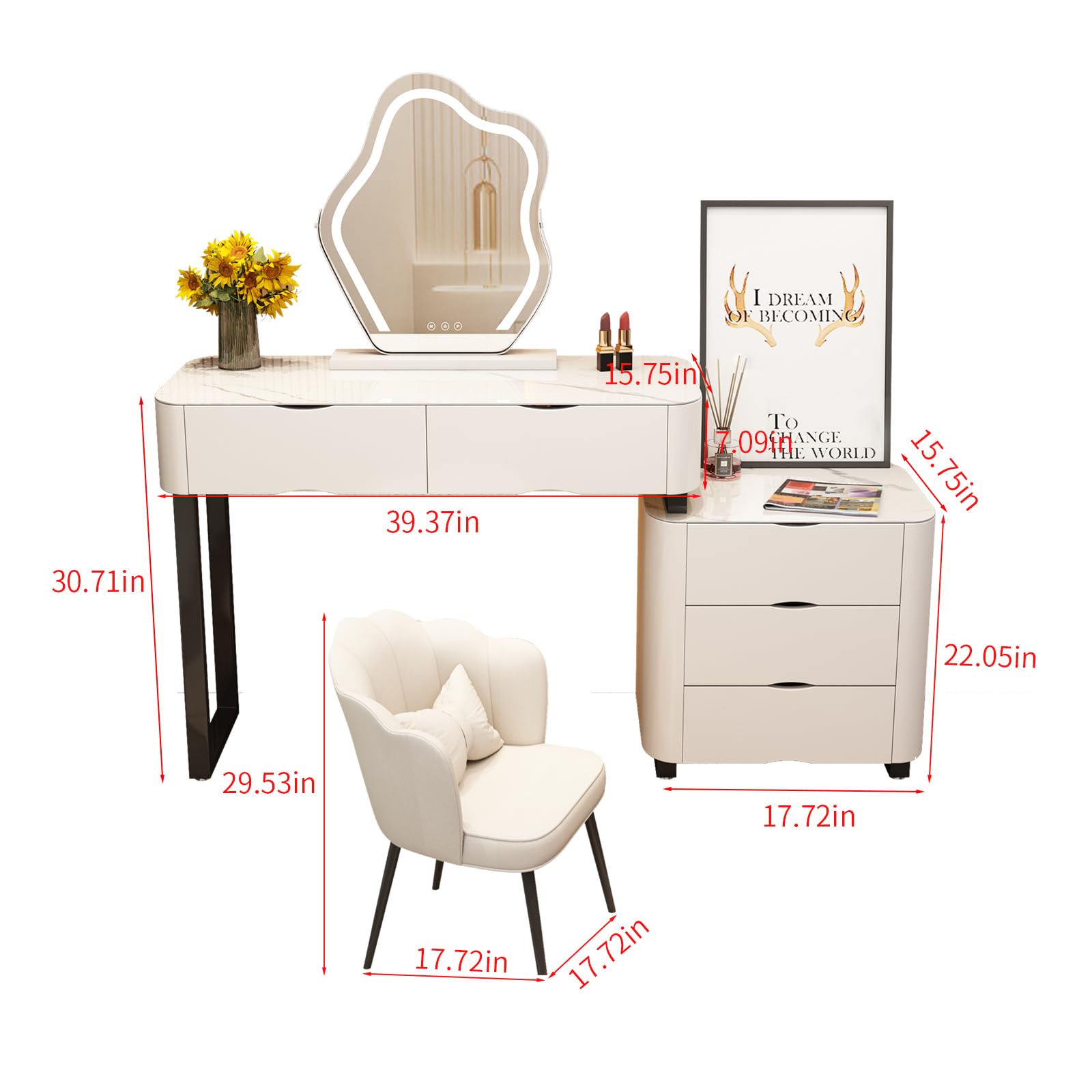 Hunlyman Makeup Vanity Desk, Modern Style Makeup Table Made of Solid Wood,Including Rotatable/Removable Touch Screen HD LED Mirror(3-Brigntness) and Soft Chair,Family Bedroom (39 Inch/100CM)