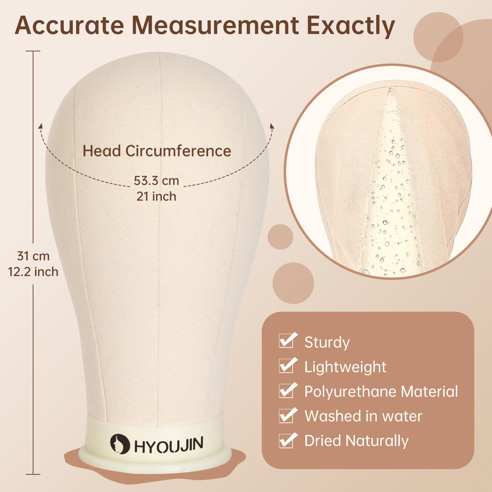 HYOUJIN 22" Canvas Wig Head Cork Block Head Mannequin Head with Mount Hole,come with Table Clamp for Display Styling Wigs Making Kit(Light Brown)